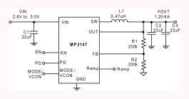 MP2147 | Converters | 5.5V, 4A, 1.2MHz High-Efficiency, 40uA Iq COT ...
